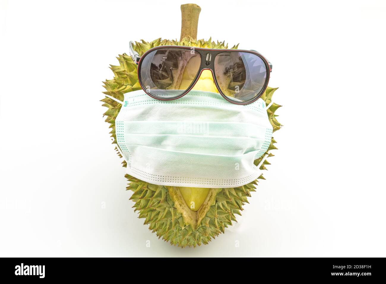King of fruits, smiling durian wear mask and sunglass isolated on white ...