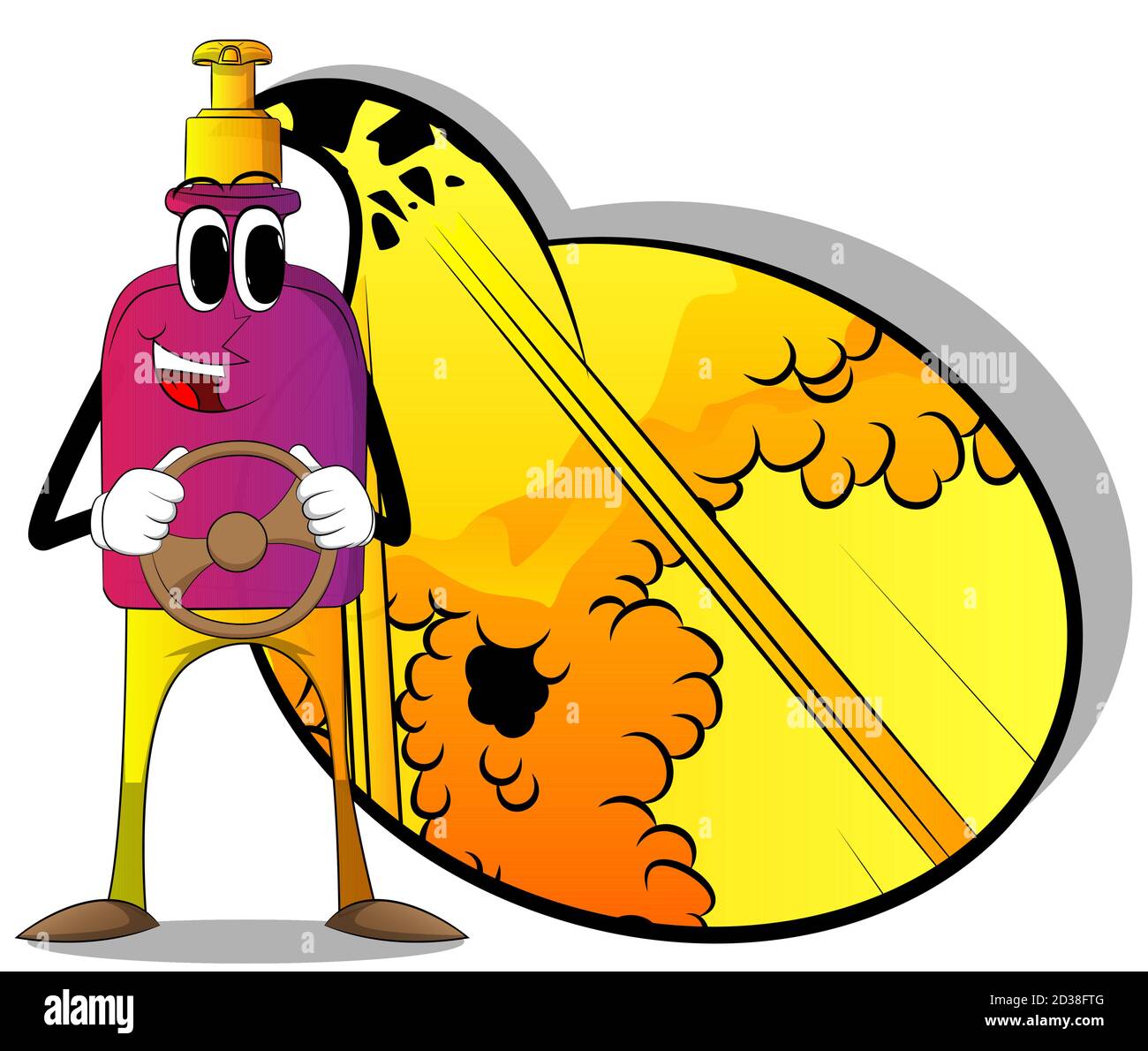 Cartoon bottle of hand sanitizer gel for hygiene with face driving ...