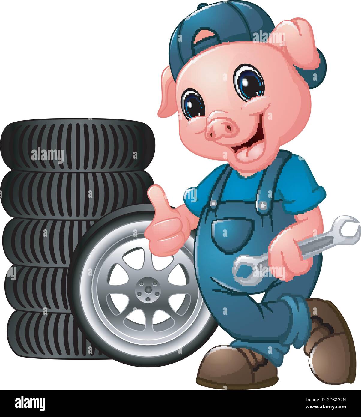 Cartoon pig mechanic with car tire giving a thumbs up and holding a ...