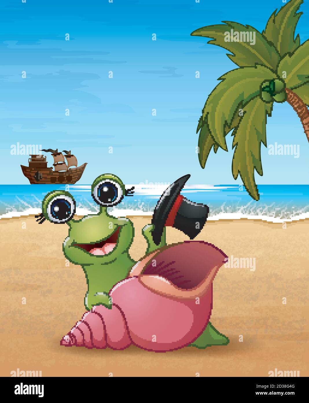 Vector illustration of Smiling snail cartoon on the beach Stock Vector ...