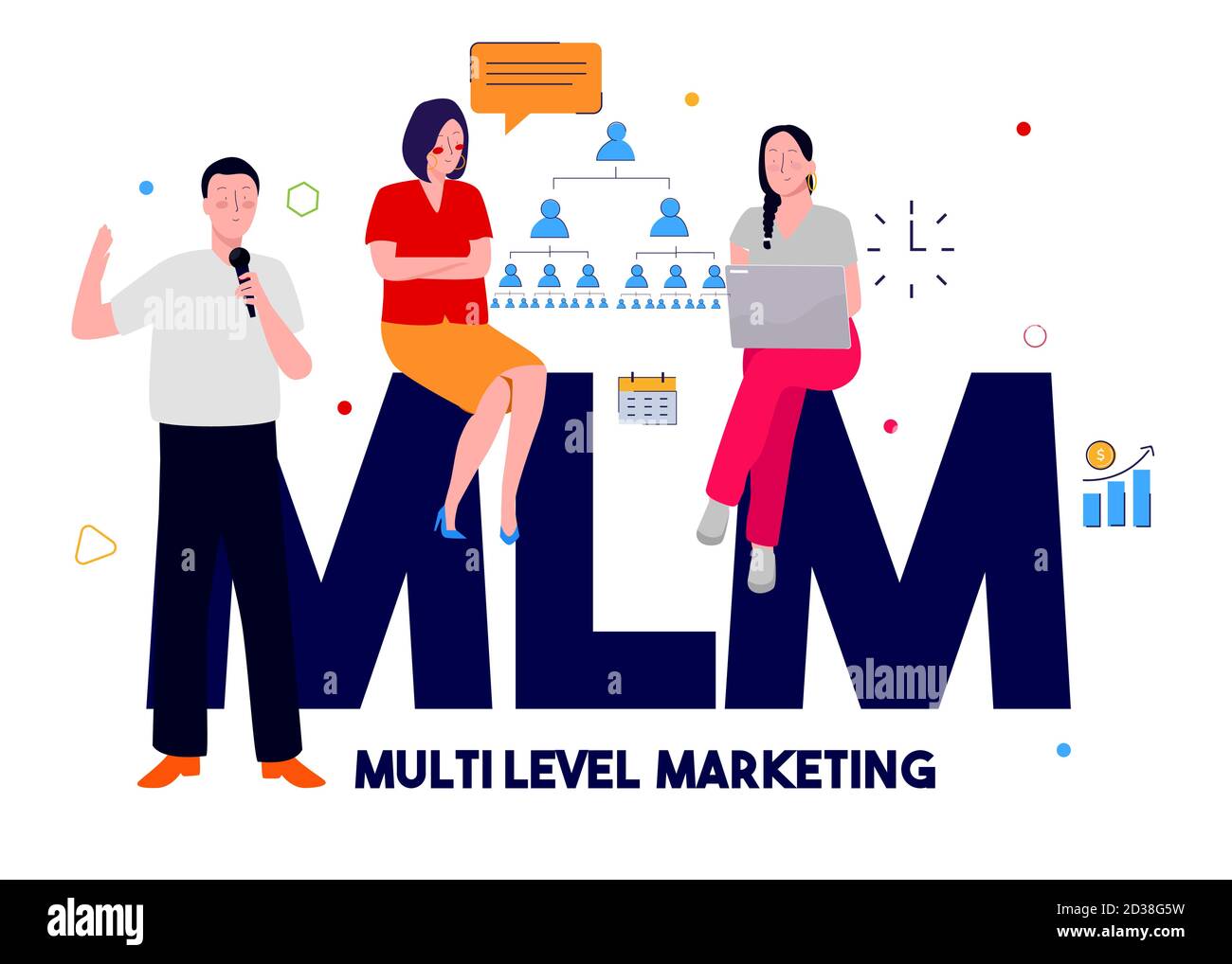 Multi level marketing concept men hold microphone presentation women ...