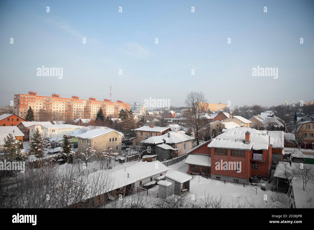 View of a small Russian town Dmitrov showing buildings under snow, old ...