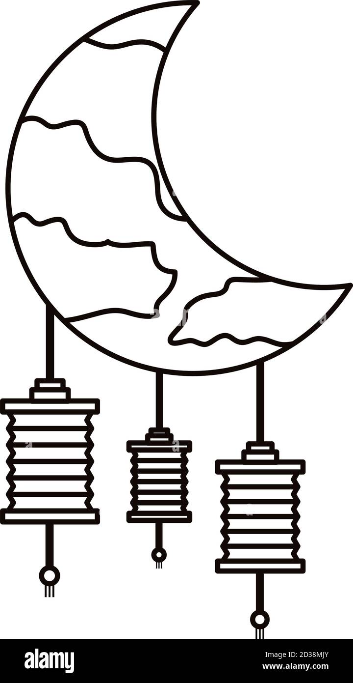 chinese paper lamps hanging in crescent moon icons vector illustration ...