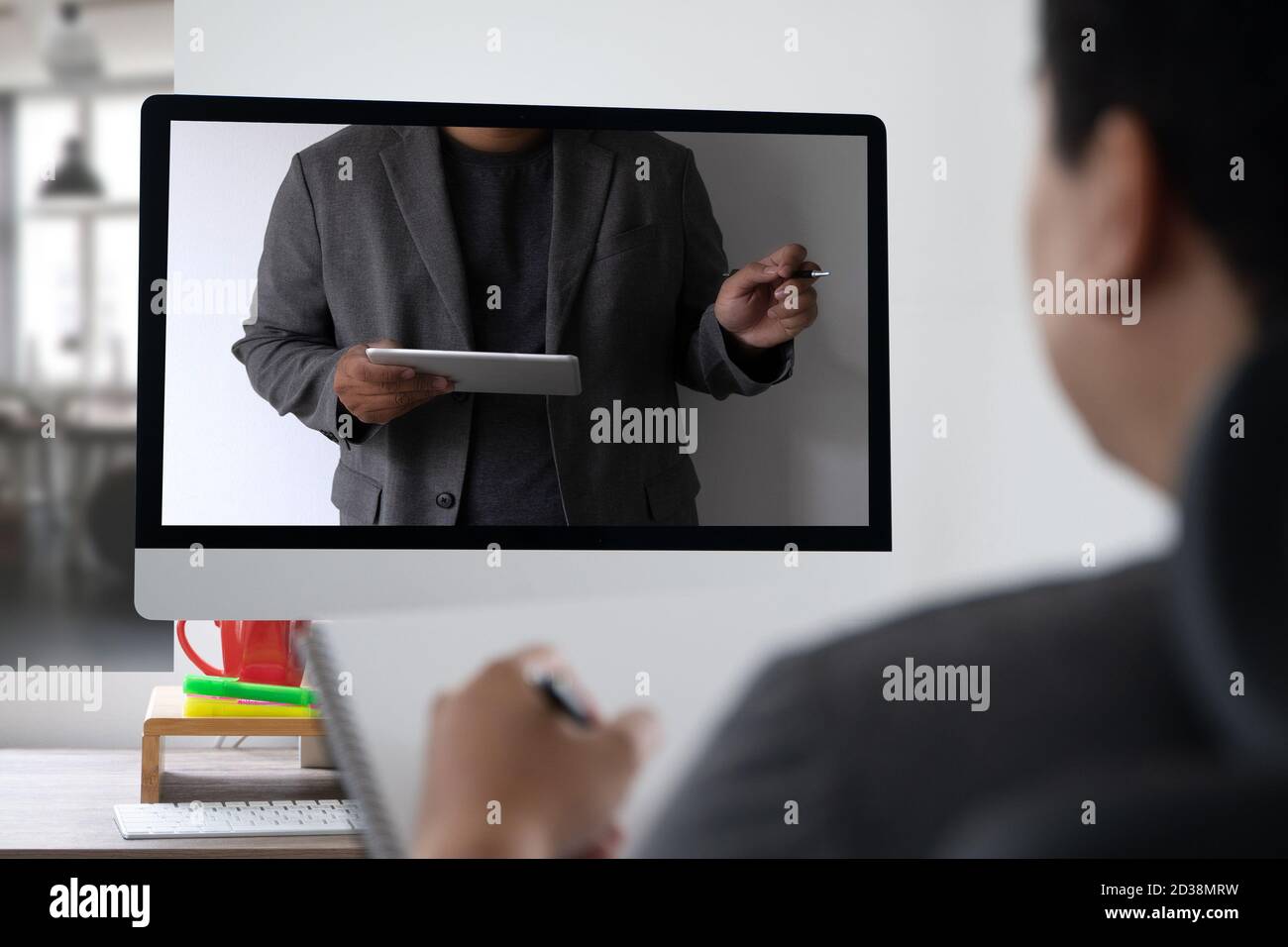 woman Video Conference Work Webinar Online Businessman Using Laptop At ...