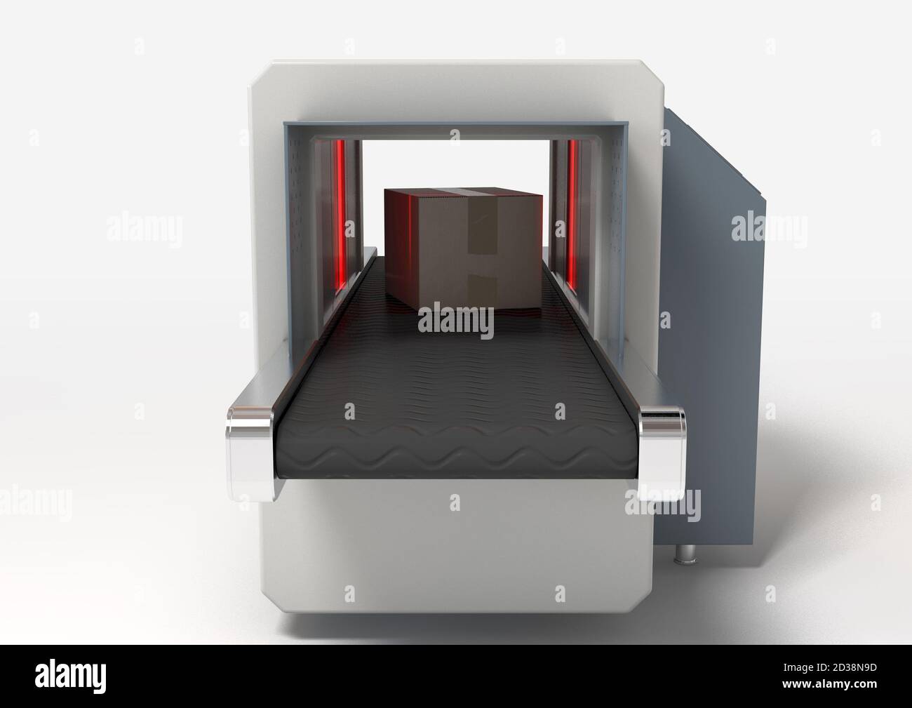 A series of cardboard boxes on a rubber conveyor going through a cutoms ...