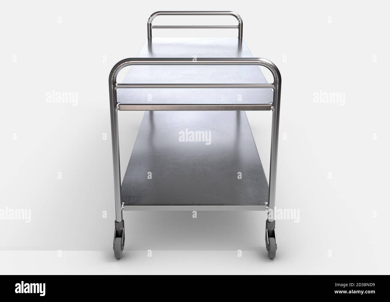 A simple stainless steel and chrome hospital or mortuary gurney with ...