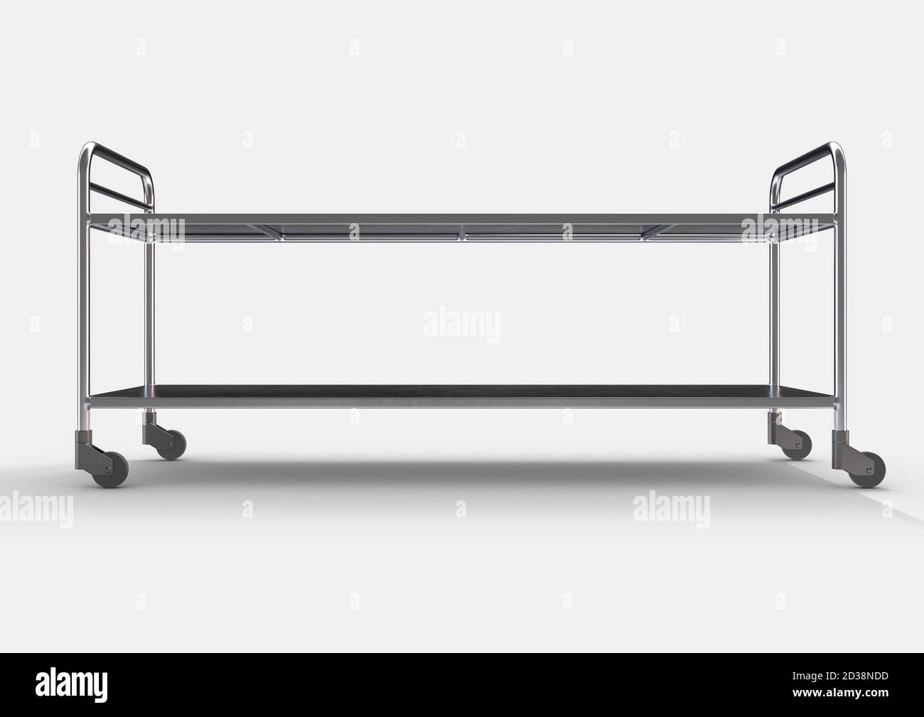 A simple stainless steel and chrome hospital or mortuary gurney with ...