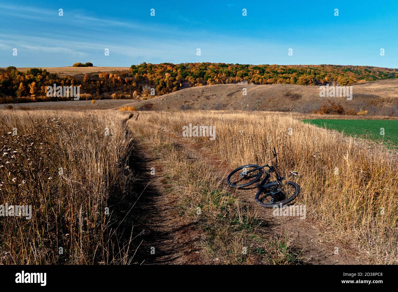Outdoor cycling. Mountain bike in wild nature landscape background ...