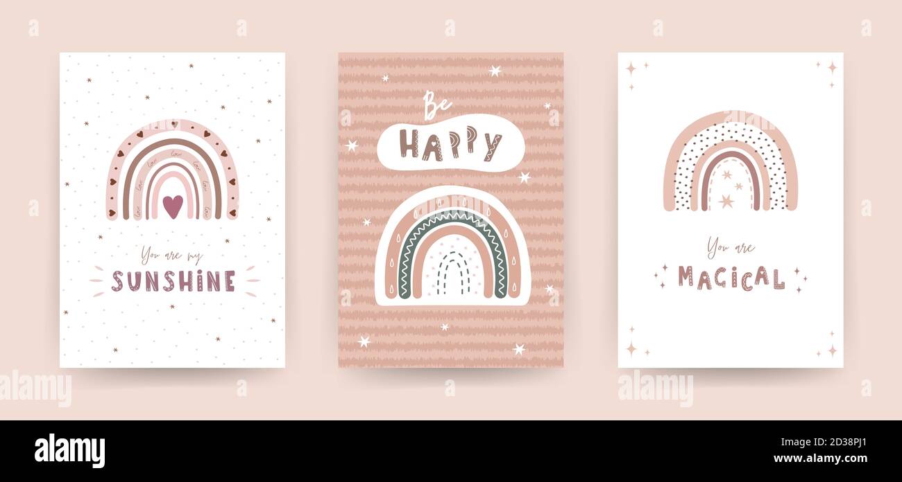 Trendy rainbows in boho style in pastel color. Set of different posters ...