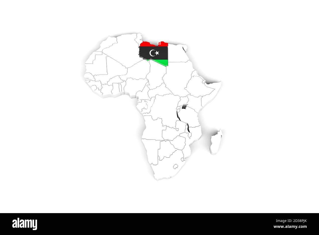 Africa 3d map with borders marked - Libya area marked with Libya flag ...