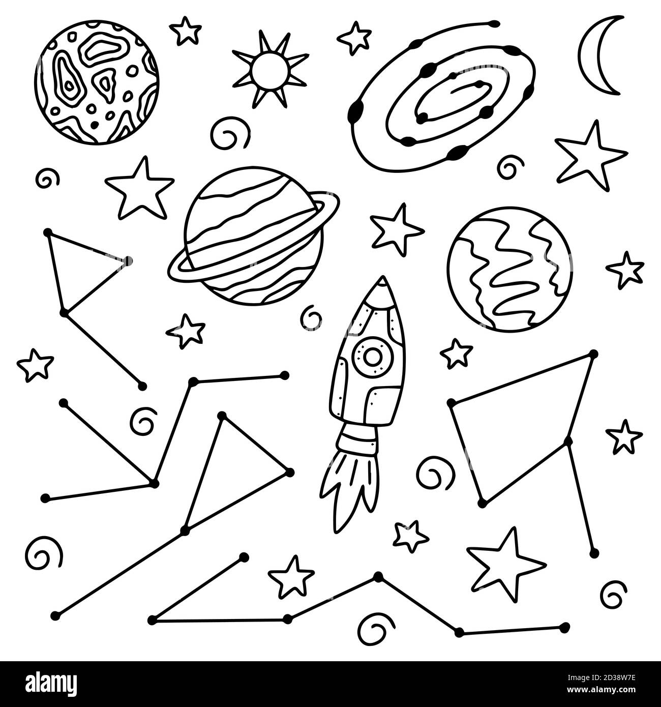 Space doodles collection: planets, sun, moon, spaceship, stars and ...