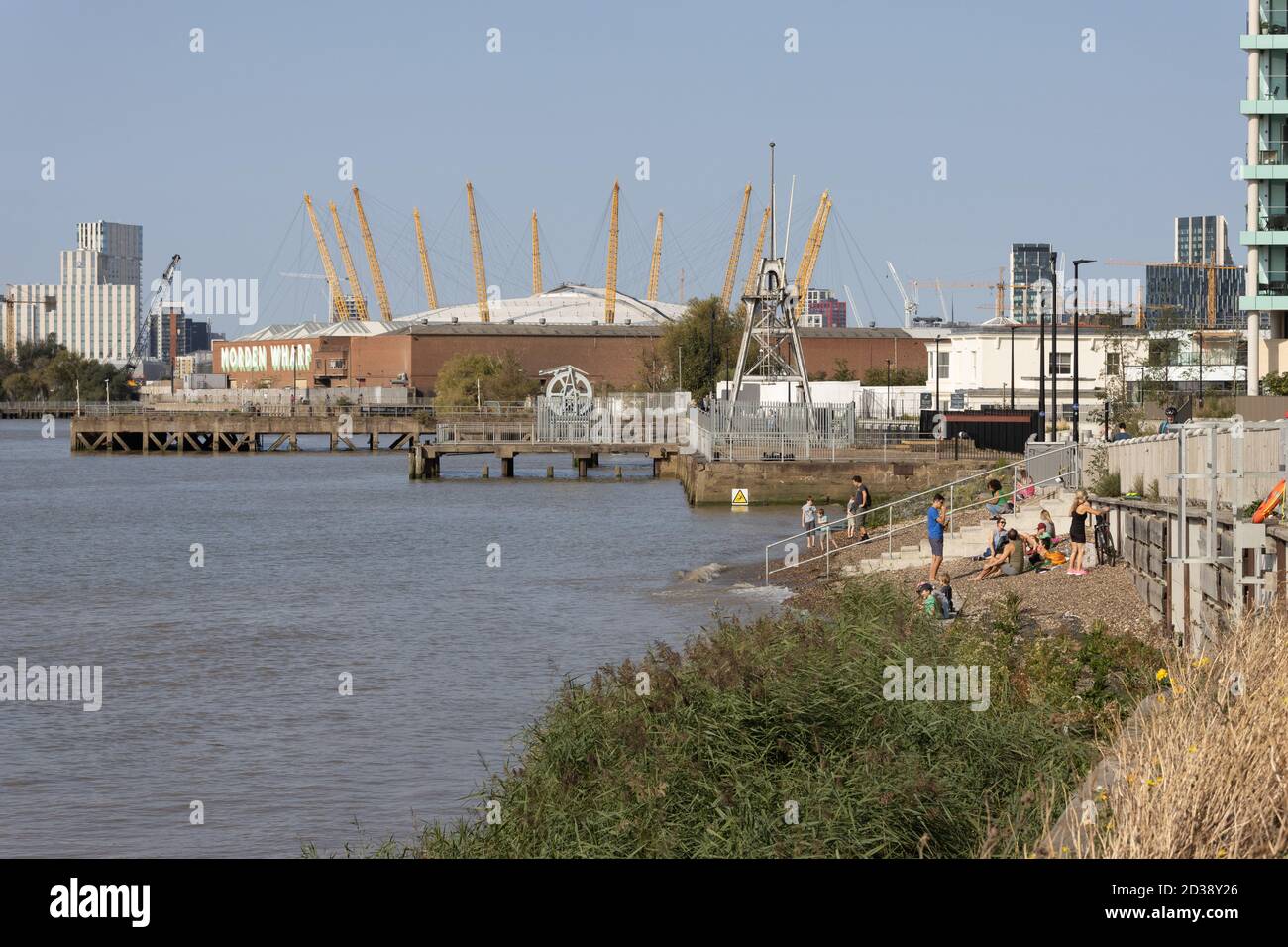 Greenwich riverbank with Morden Wharf and O2 arena, London UK Stock ...