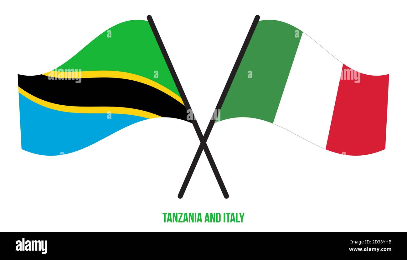 Tanzania And Italy Flags Crossed And Waving Flat Style Official