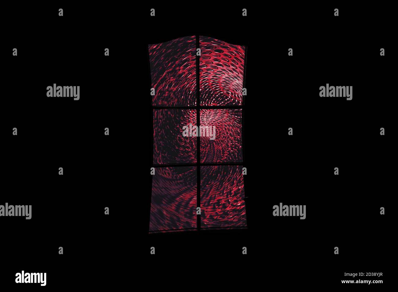 Red creepy portal behind glass door in dark room. Evil in home. Inside ...