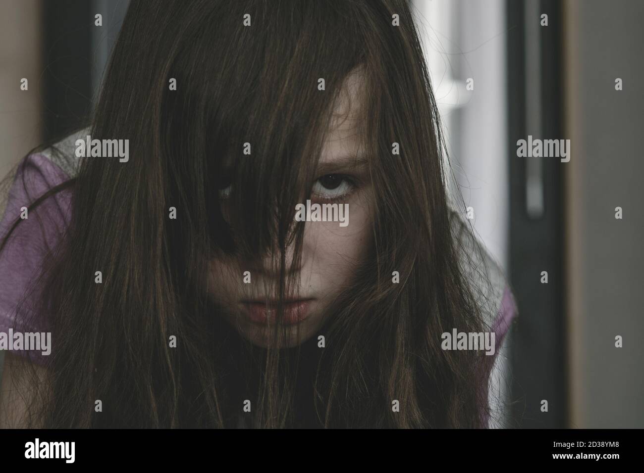 Closeup portrait of little girl in state of melancholy. Portrait of ...