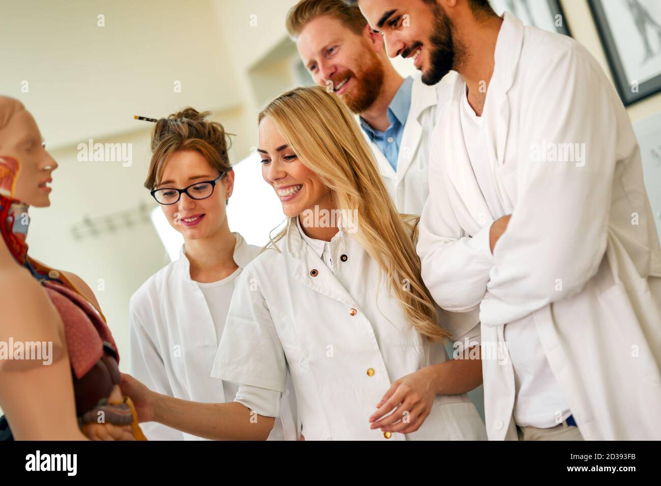 Students of medicine examining anatomical model in classroom Stock ...