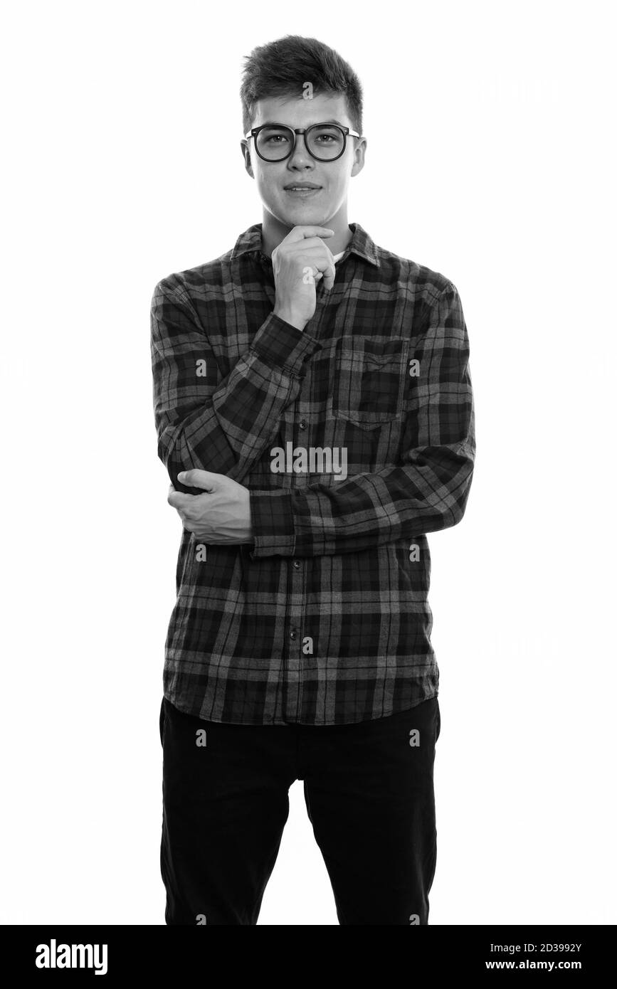 Nerdy man standing white background Black and White Stock Photos ...