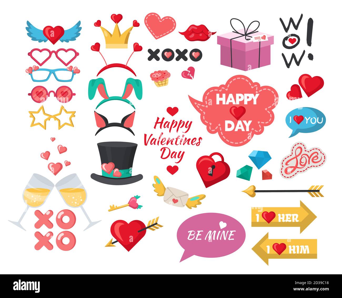Valentines Day photo booth props, party decoration set, flat vector ...