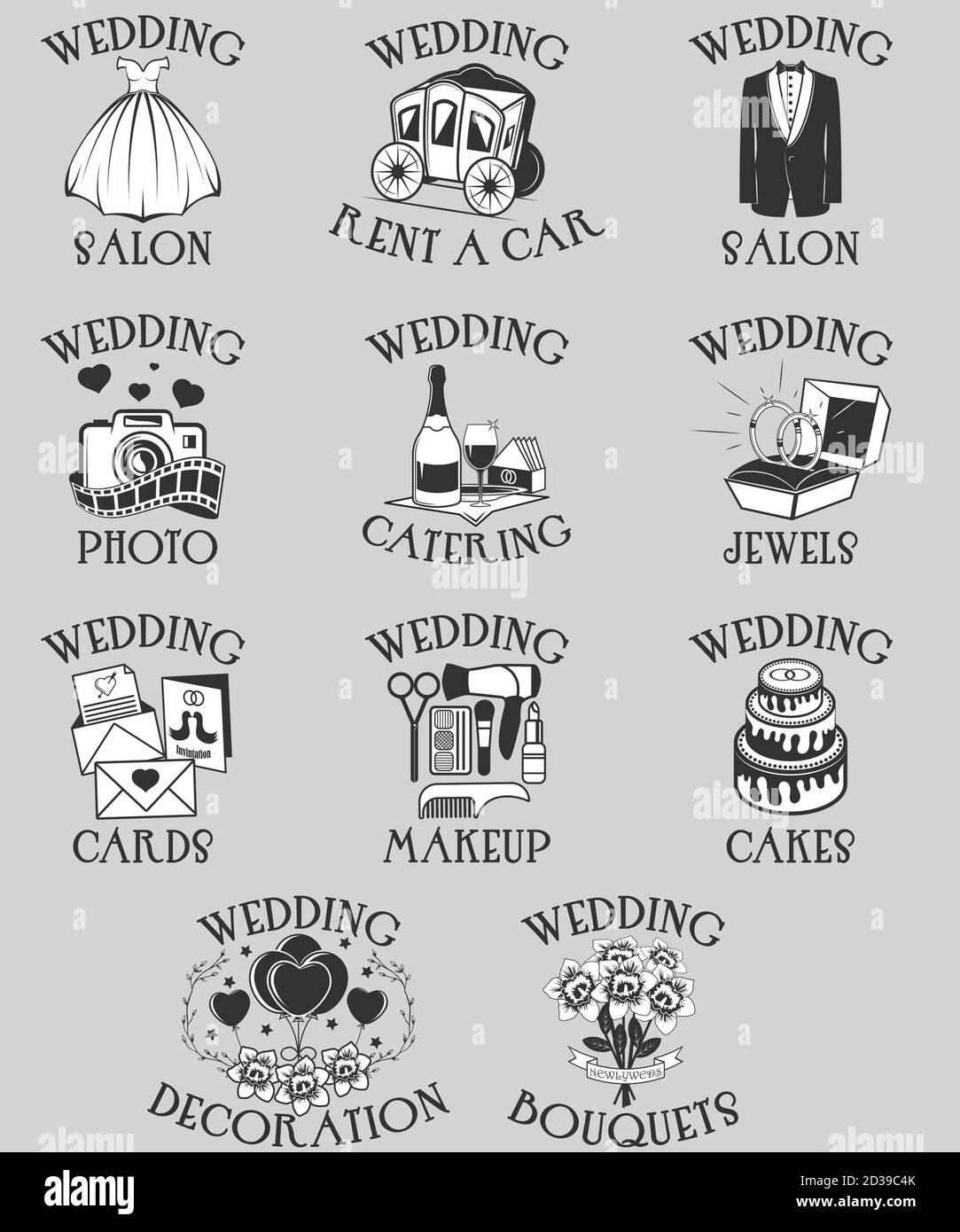 Vector set of wedding pictograms. Black outline marriage celebration ...