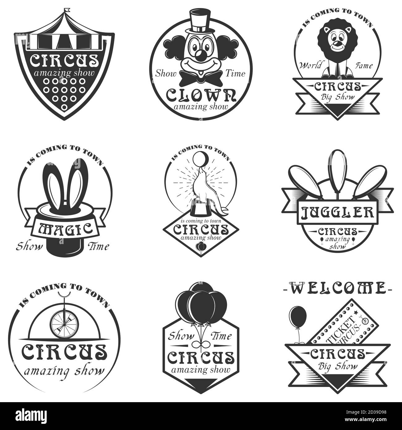 Vector set of circus isolated labels, logo and emblems. Black and white ...