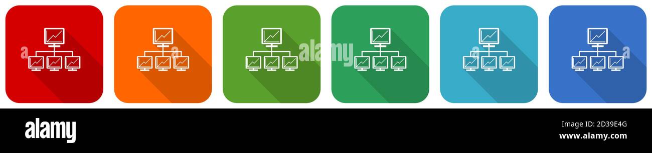 Network icon set, flat design vector illustration in 6 colors options ...