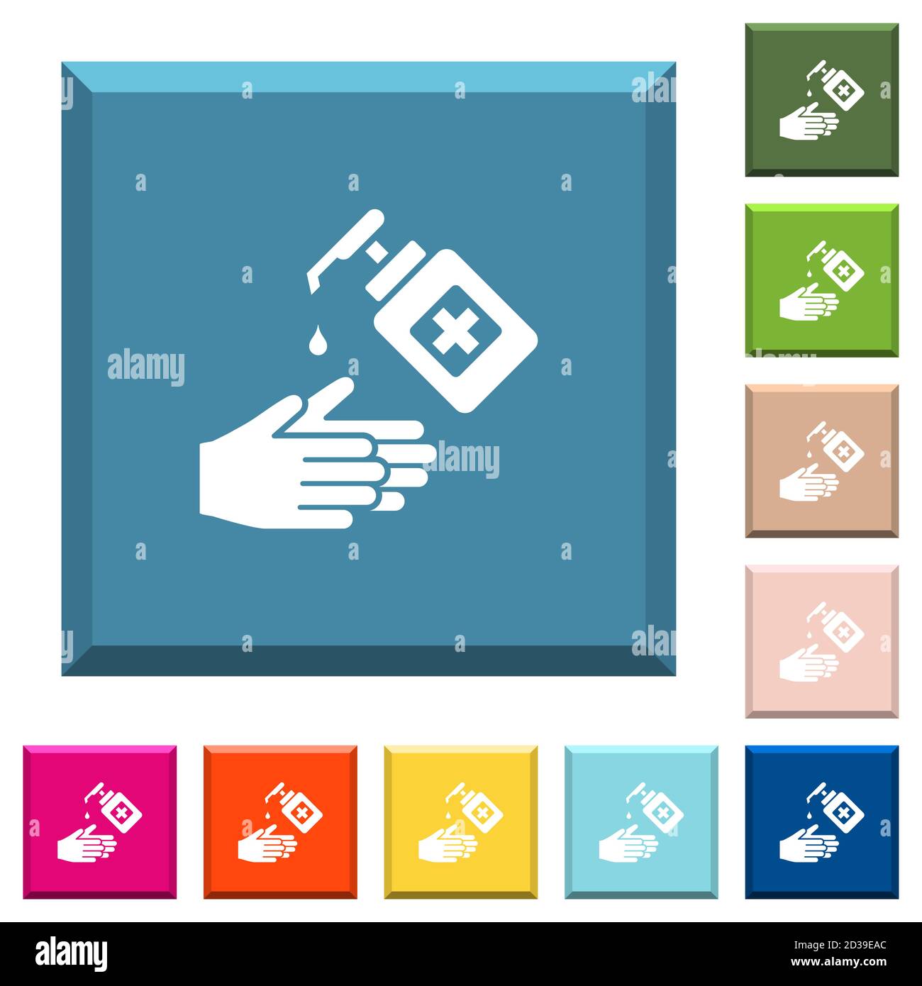 Hand washing with hand sanitizer white icons on edged square buttons in ...