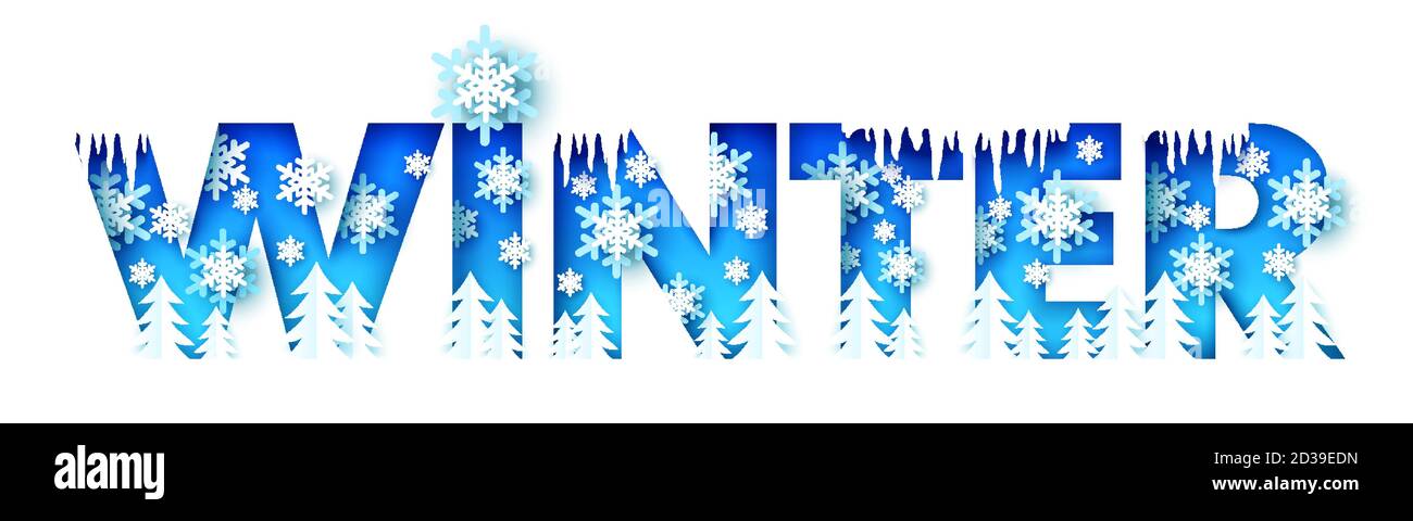 Winter word with paper cut trees, icicles, snowflakes, vector ...