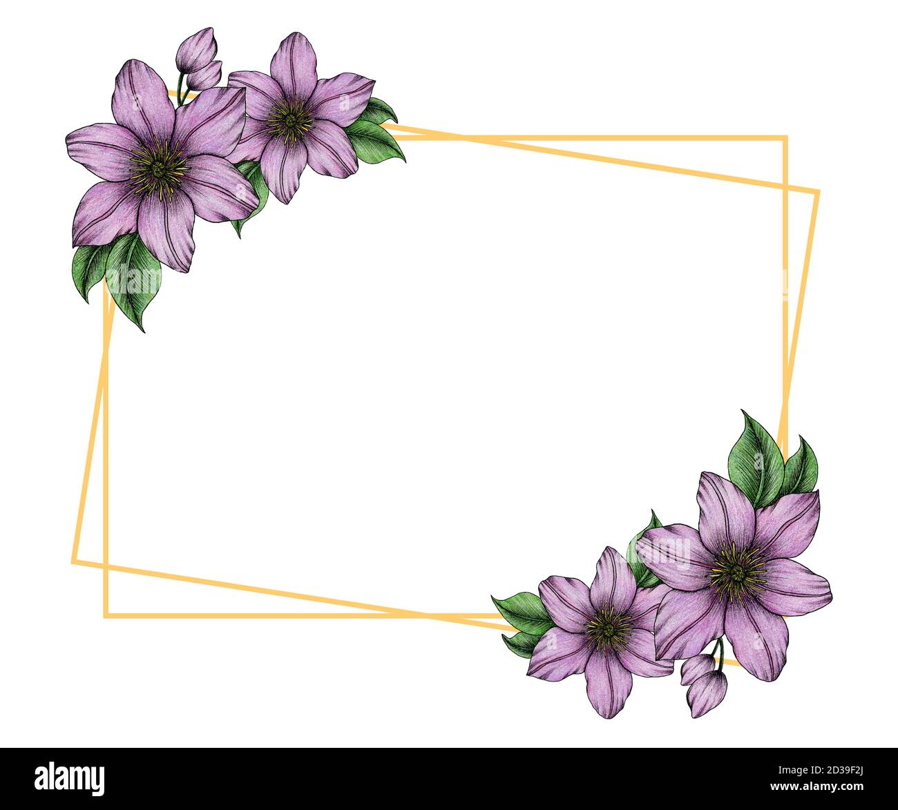 festive golden frame with purple clematis flowers, beautiful floral ...