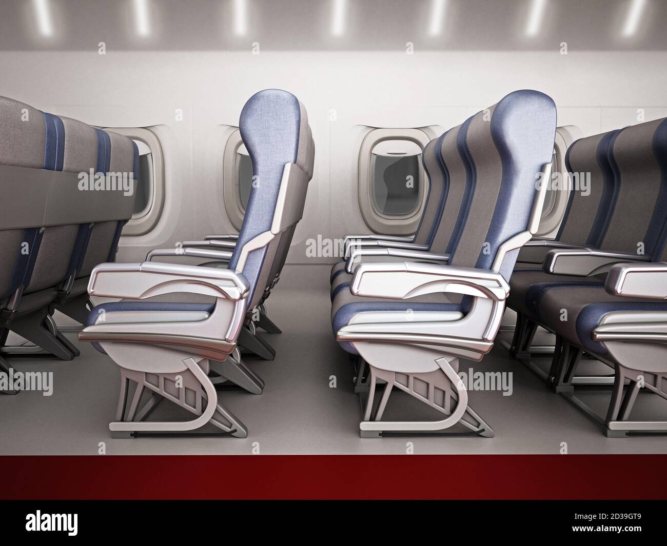 View of an airplane corridor with row of seats. 3D illustration Stock ...