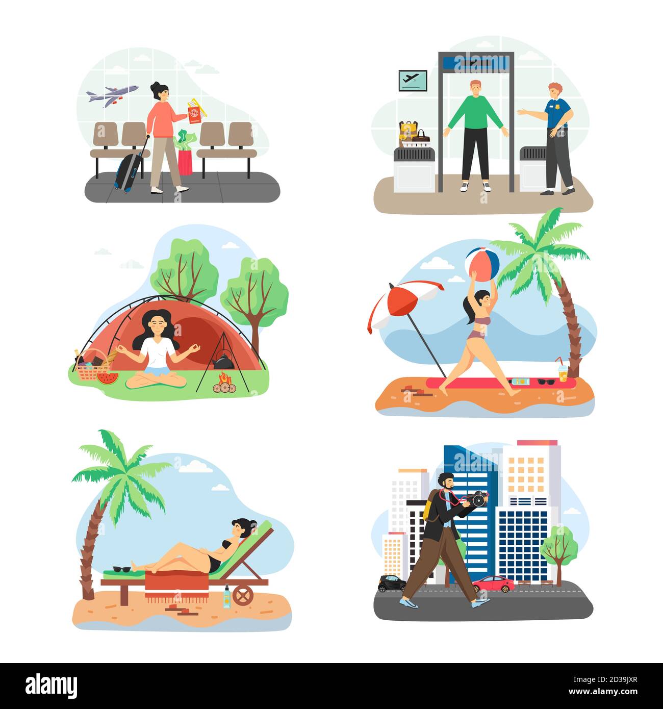 Traveler cartoon characters, flat vector illustration. Beach vacation ...