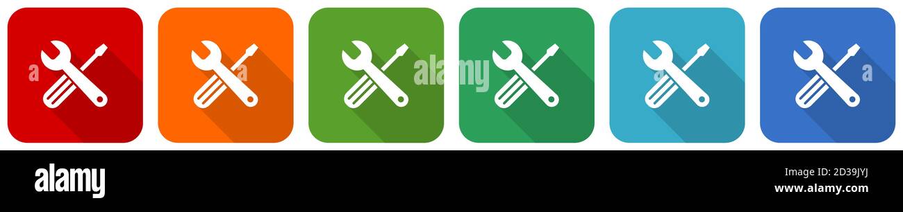 Tools icon set, flat design vector illustration in 6 colors options for ...