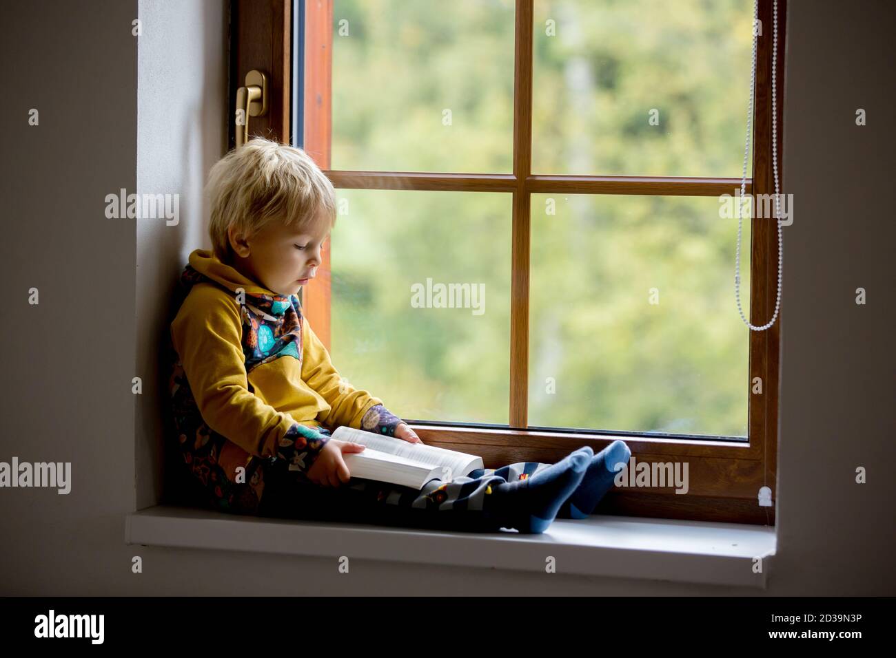 Cute toddler child, blond boy, sitting on window at home, reading book ...