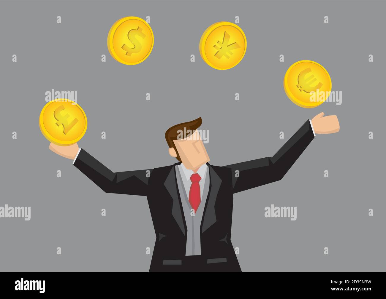 Cartoon business juggling with gold coins with different currency ...