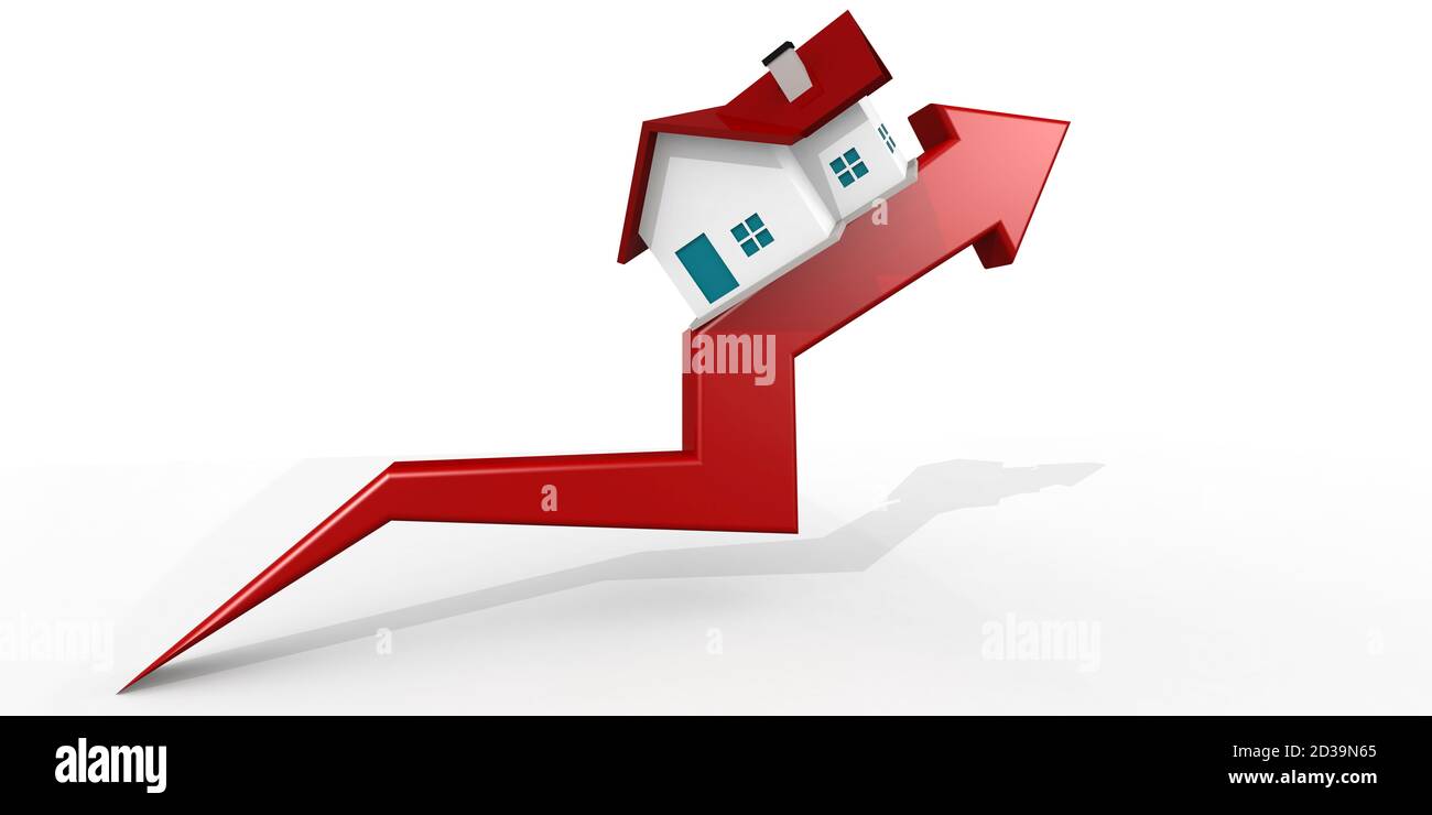 House going up with red arrow, 3d rendering Stock Photo - Alamy