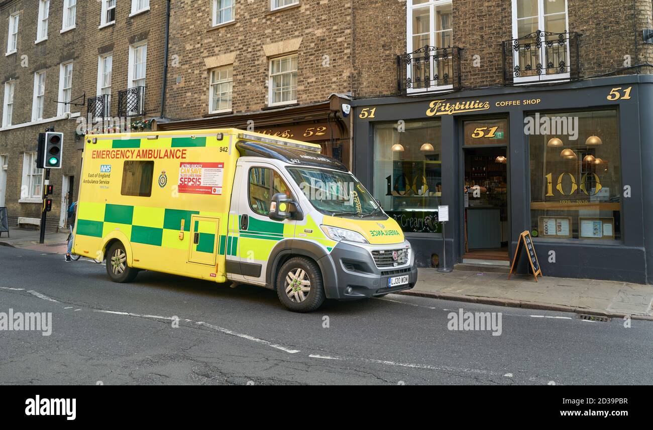 Emergency ambulance parked outside Fitzbillies coffee shop, Cambridge ...