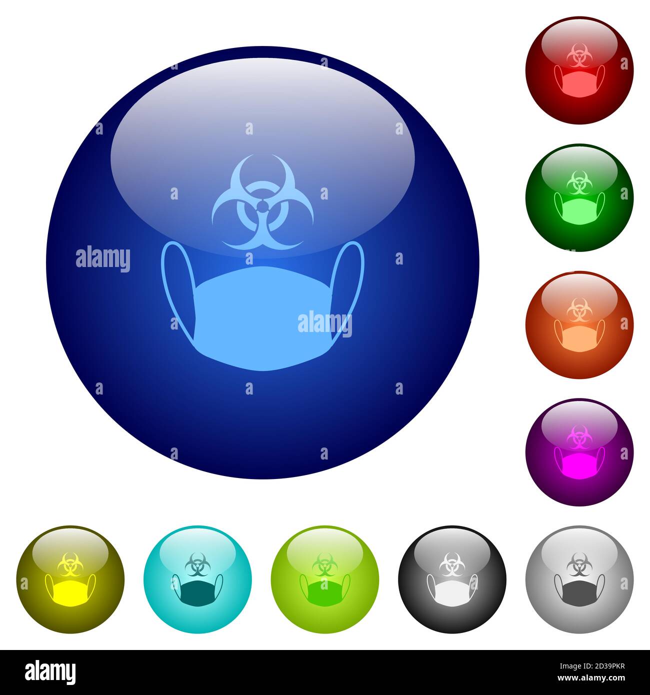 Face mask and biohazard symbol icons on round glass buttons in multiple ...