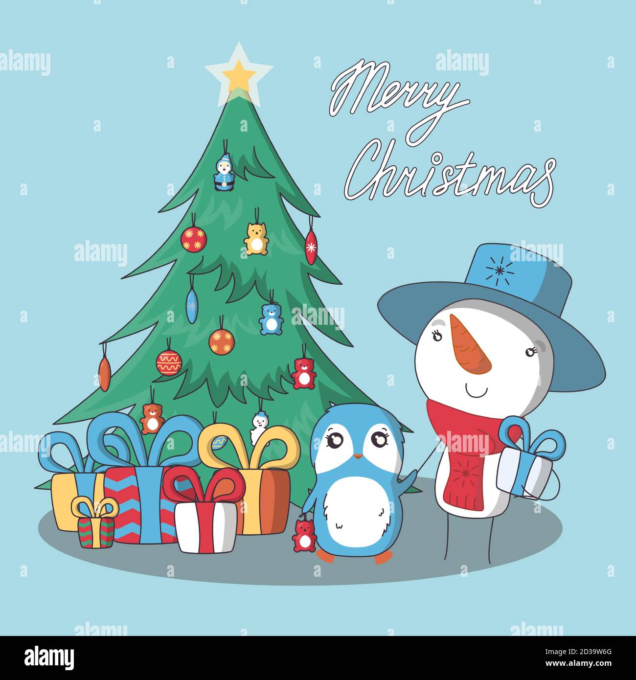Christmas card with decorated tree. Greeting snowman and penguin with ...