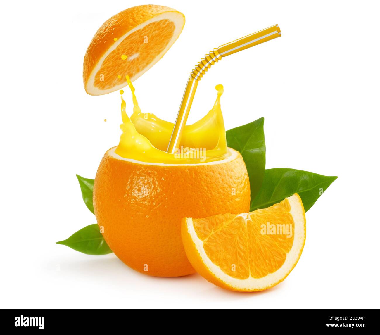 straw in orange with juice splash isolated on white Stock Photo - Alamy