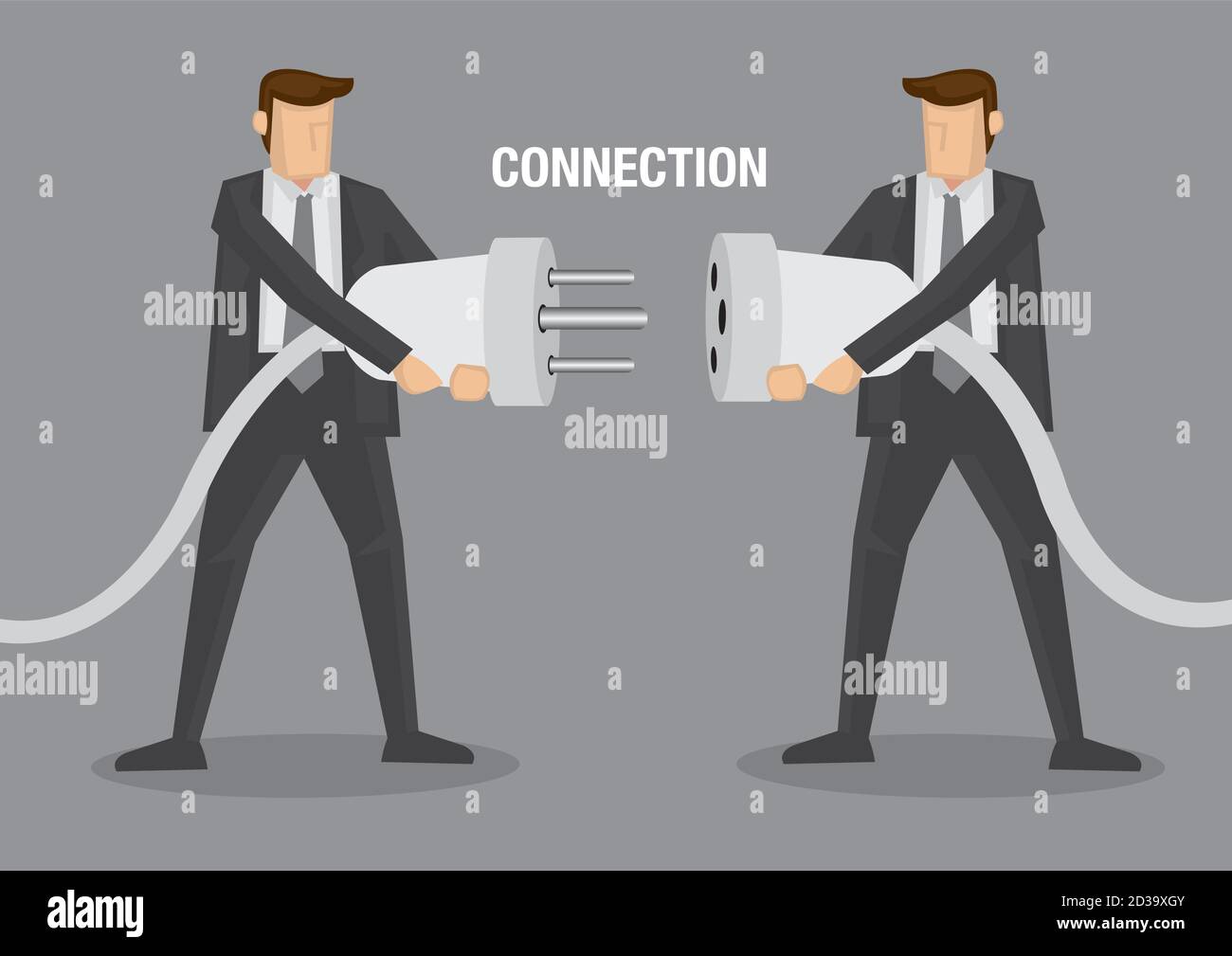 Two businessman holding huge wired electrical plug and socket ready to ...