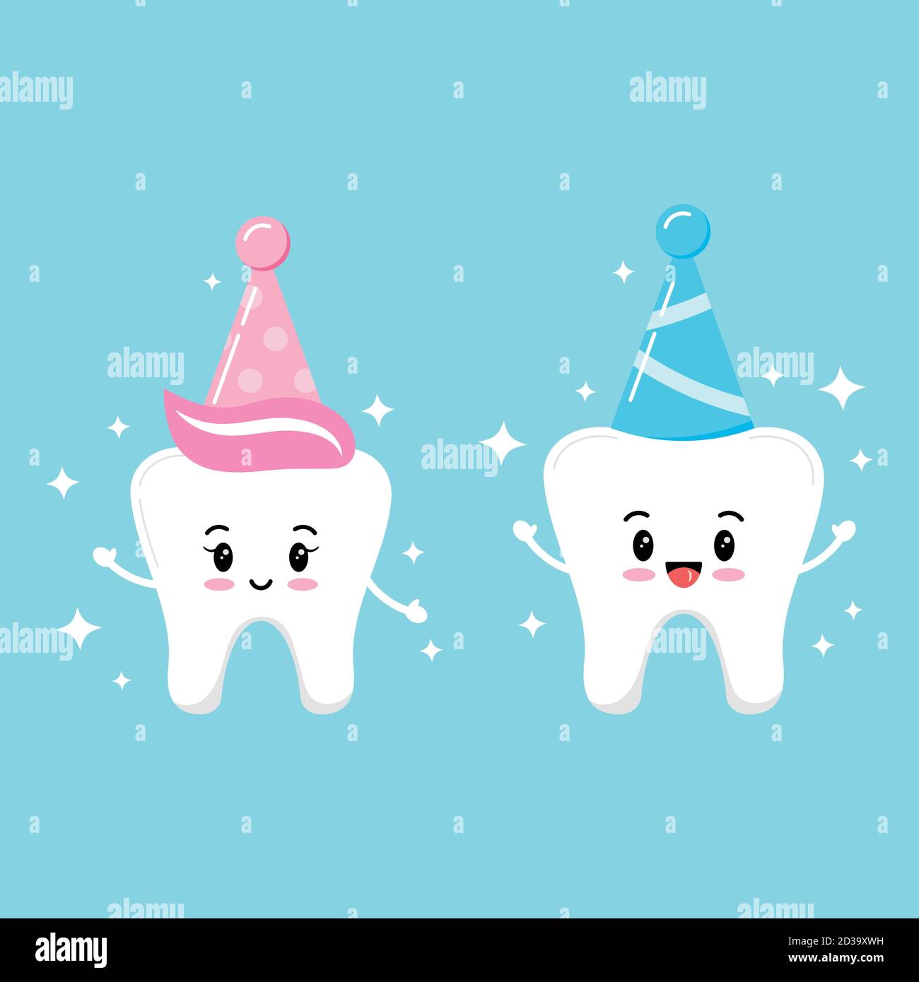 Cute tooth in birthday party hats boy and girl vector set isolated on ...