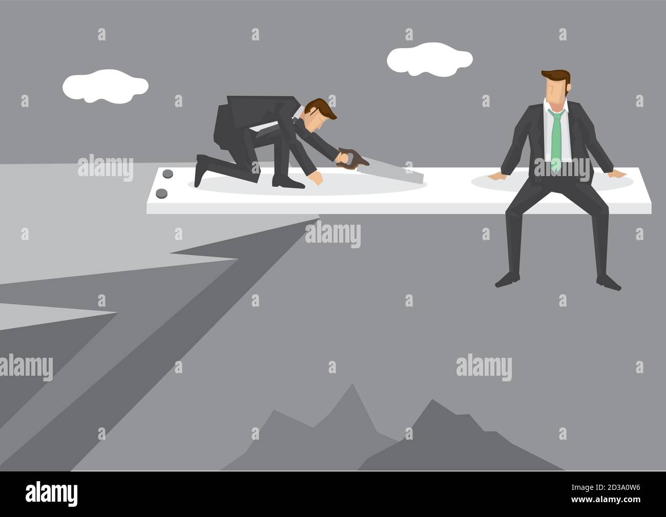 Cartoon man sitting at end of springboard at high mountain cliff ...