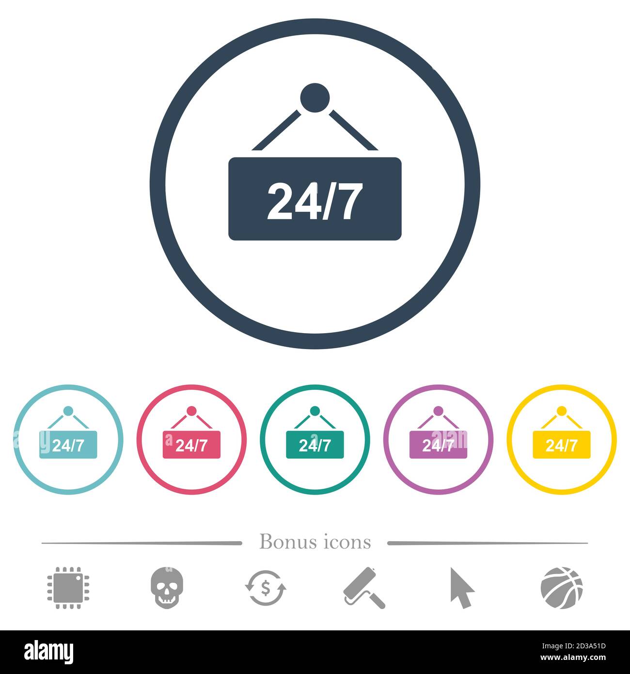 hanging table with 24h seven days a week flat color icons in round ...