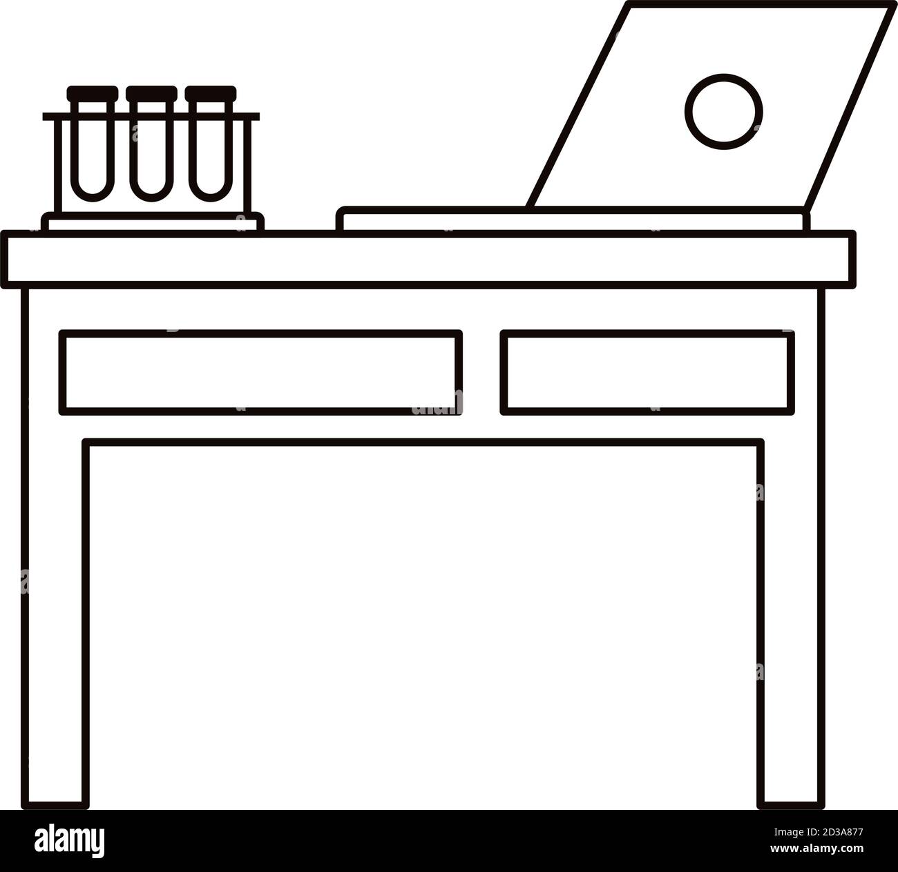 medical tube tests flasks and laptop in laboratory desk line style icon ...