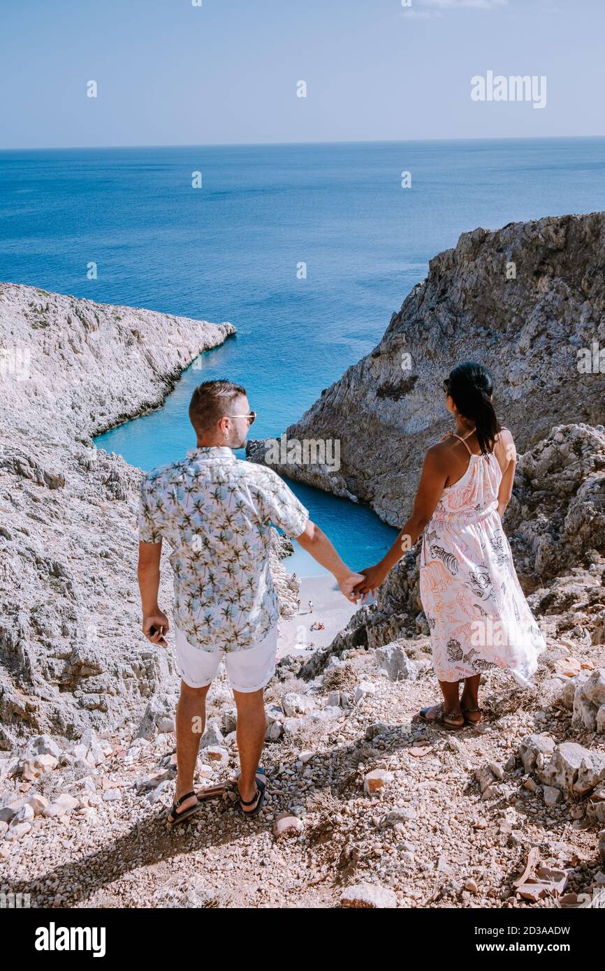 Crete Greece Seitan Limania beach with huge cliff by the blue ocean of ...