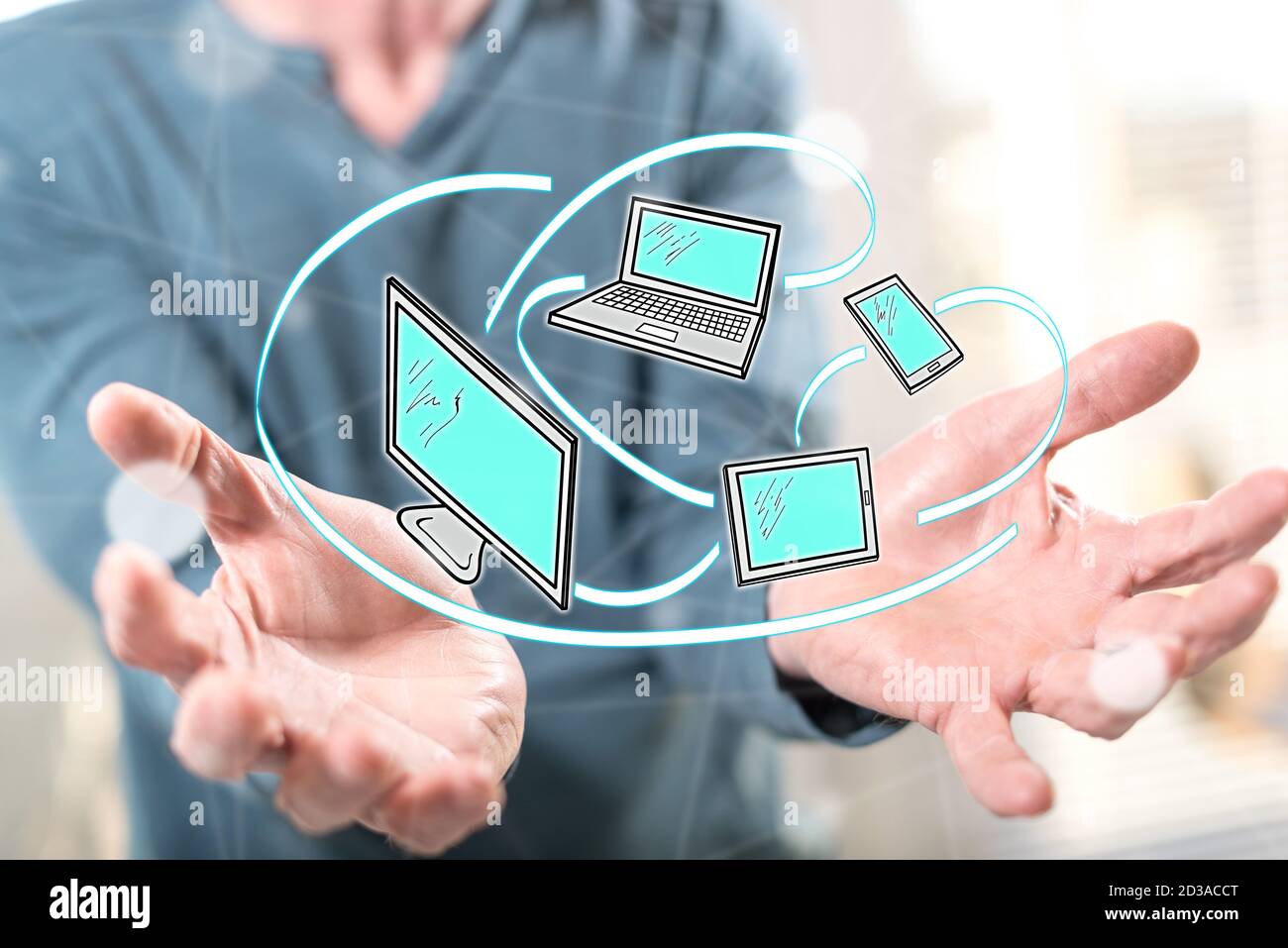 Devices connection concept above the hands of a man in background Stock ...