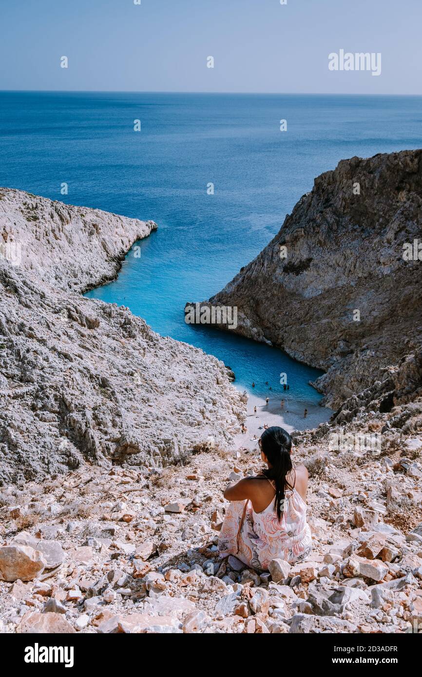 Crete Greece Seitan Limania beach with huge cliff by the blue ocean of ...
