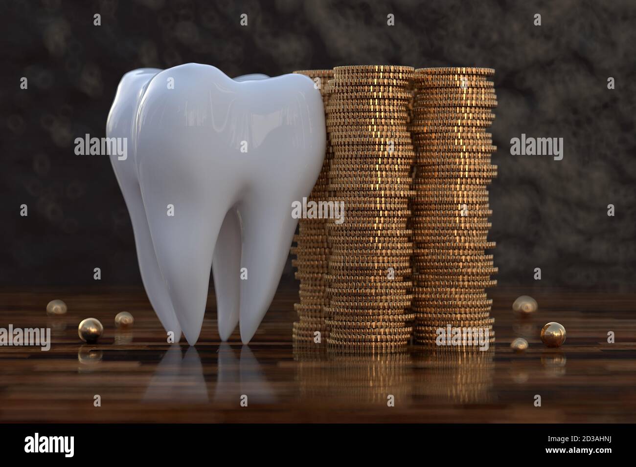Big teeth with a stack of golden coins. Concept expensive dentistry or ...