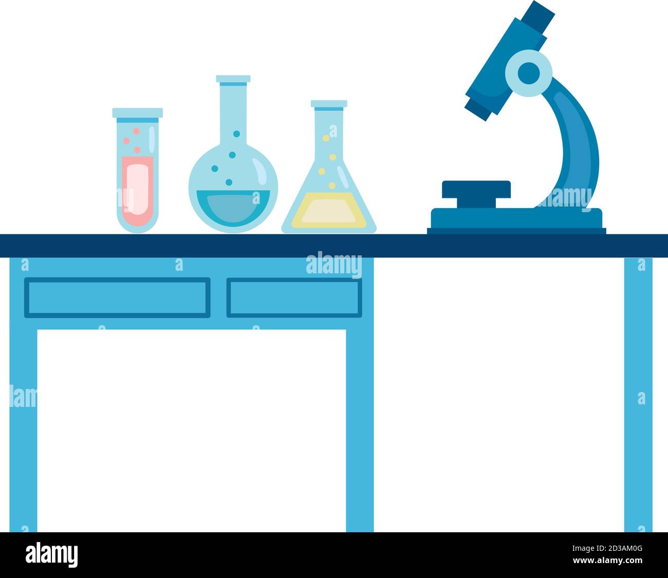 medical tube tests flasks and microscope in laboratory desk flat icons ...