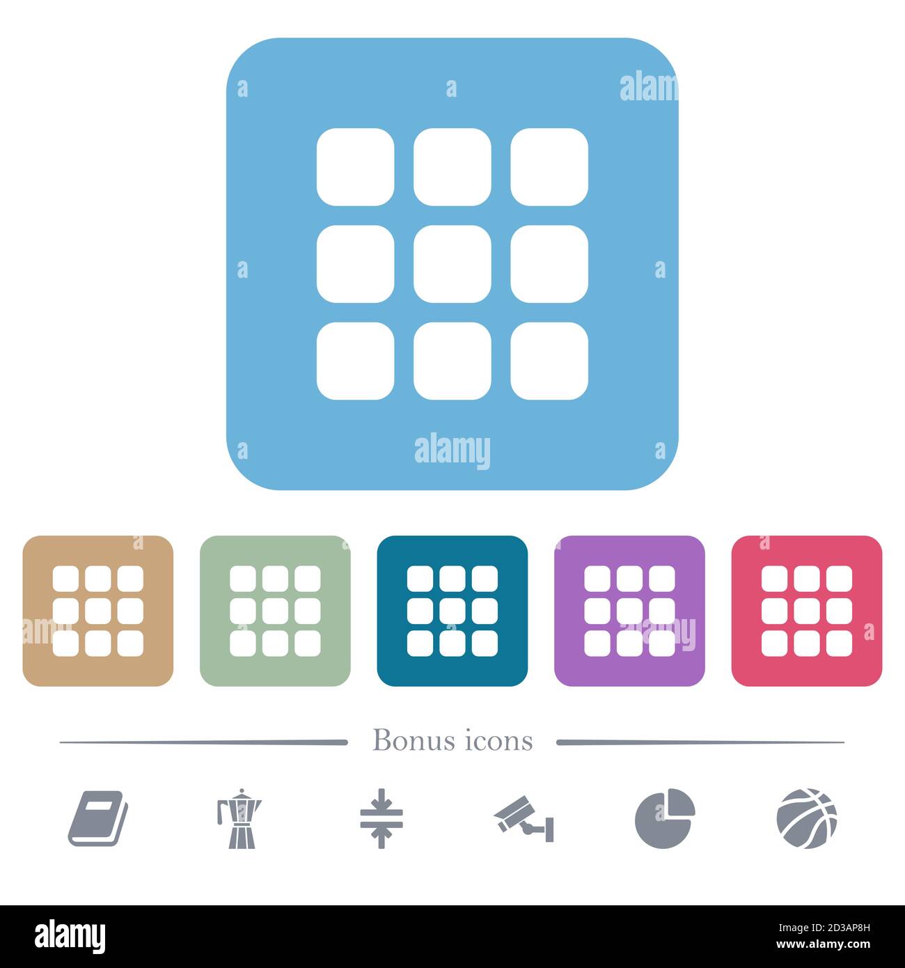 Small thumbnail view mode white flat icons on color rounded square ...