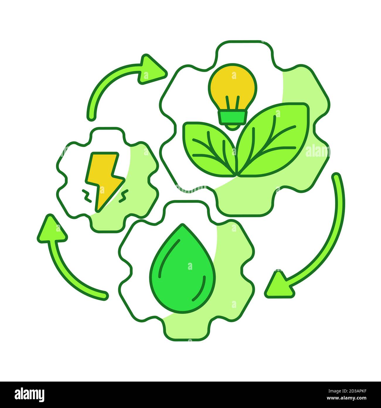 Clean energy cycle concept gear lightning light bulb leaf water drop ...